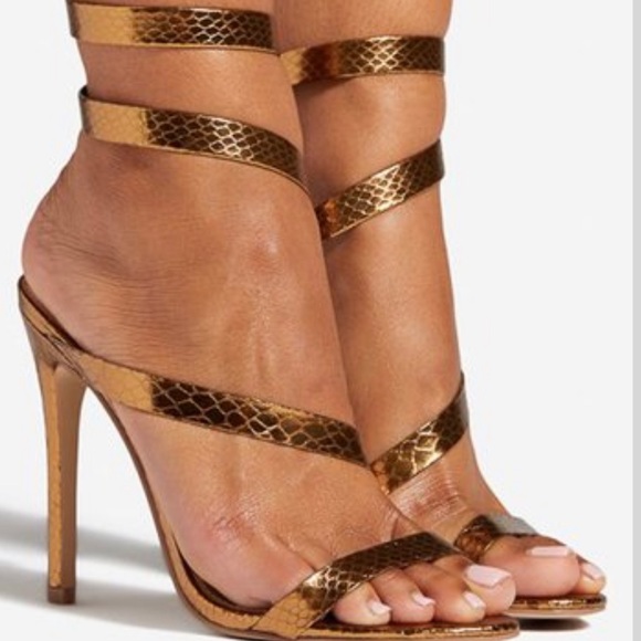 Shoes | Brand New Bronze Snake Embossed Heels With Wrap Around Ankles ...